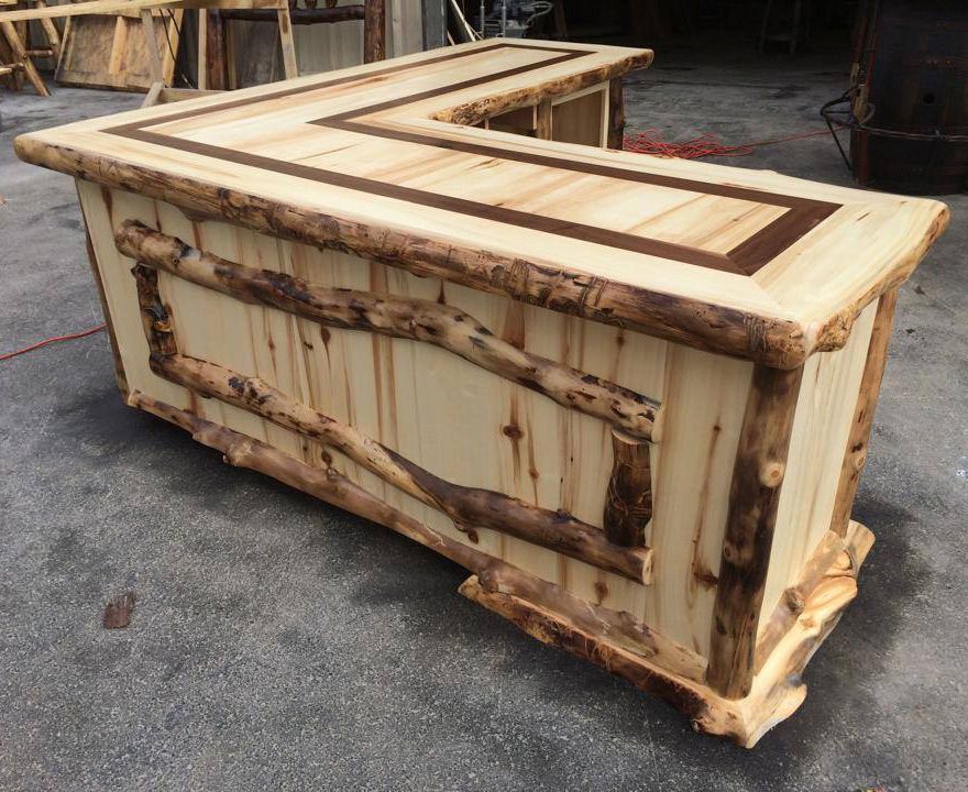 Rustic Hand Peeled Aspen L Shaped Log Desk