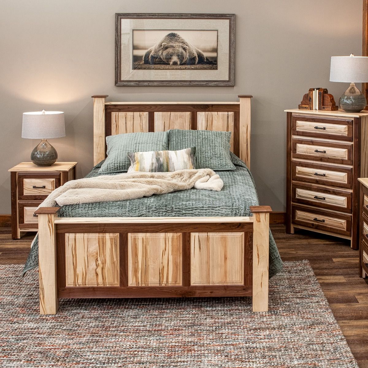 Contemporary Cabin Maple & Walnut Triple Panel Bed
