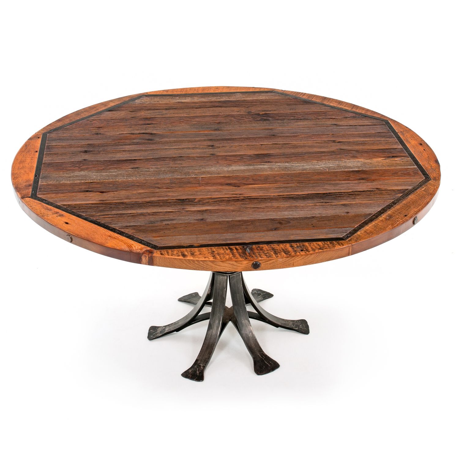 Round Barn Wood Dining Table with Forged Metal Base