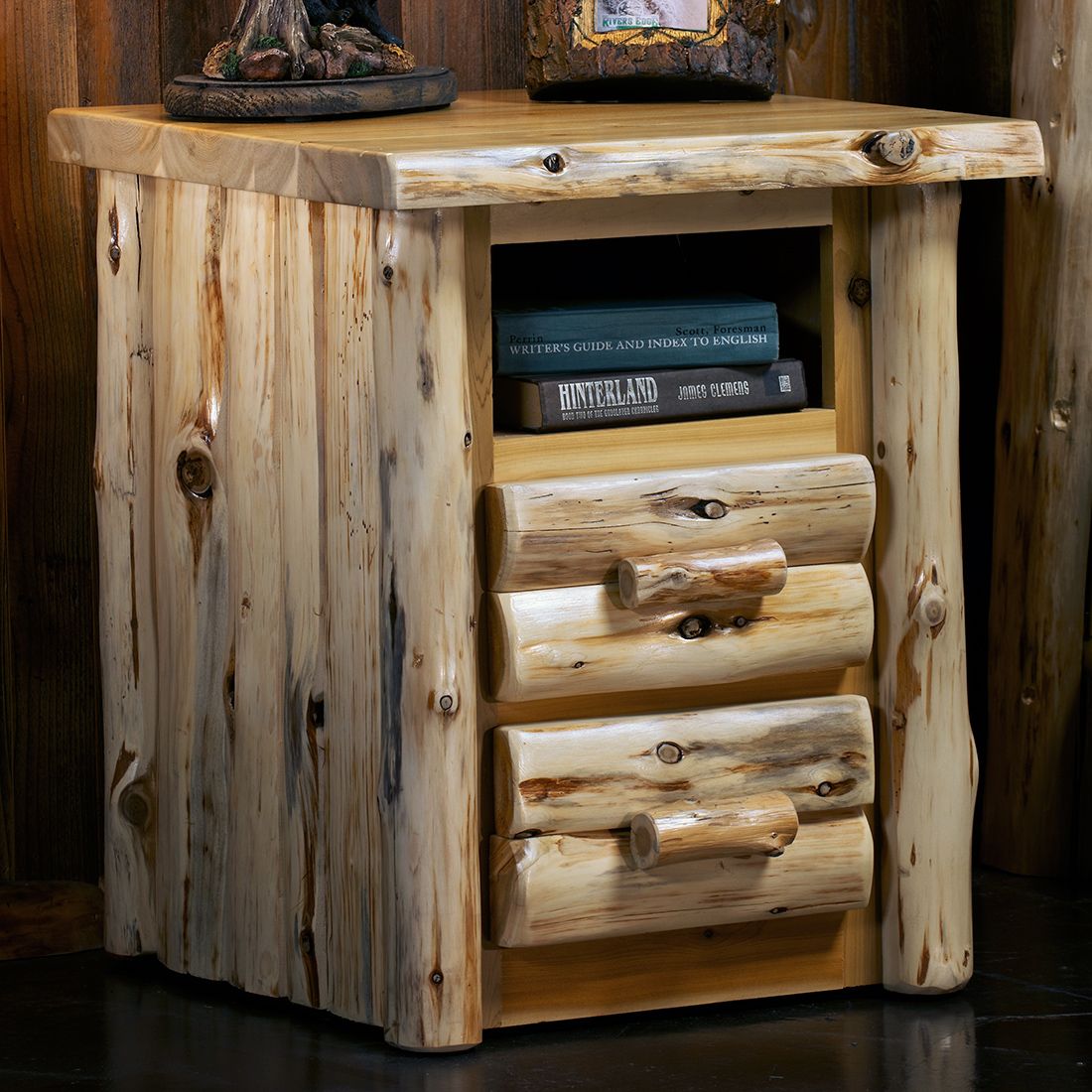 Rustic Two Drawer Cedar Log Nightstand