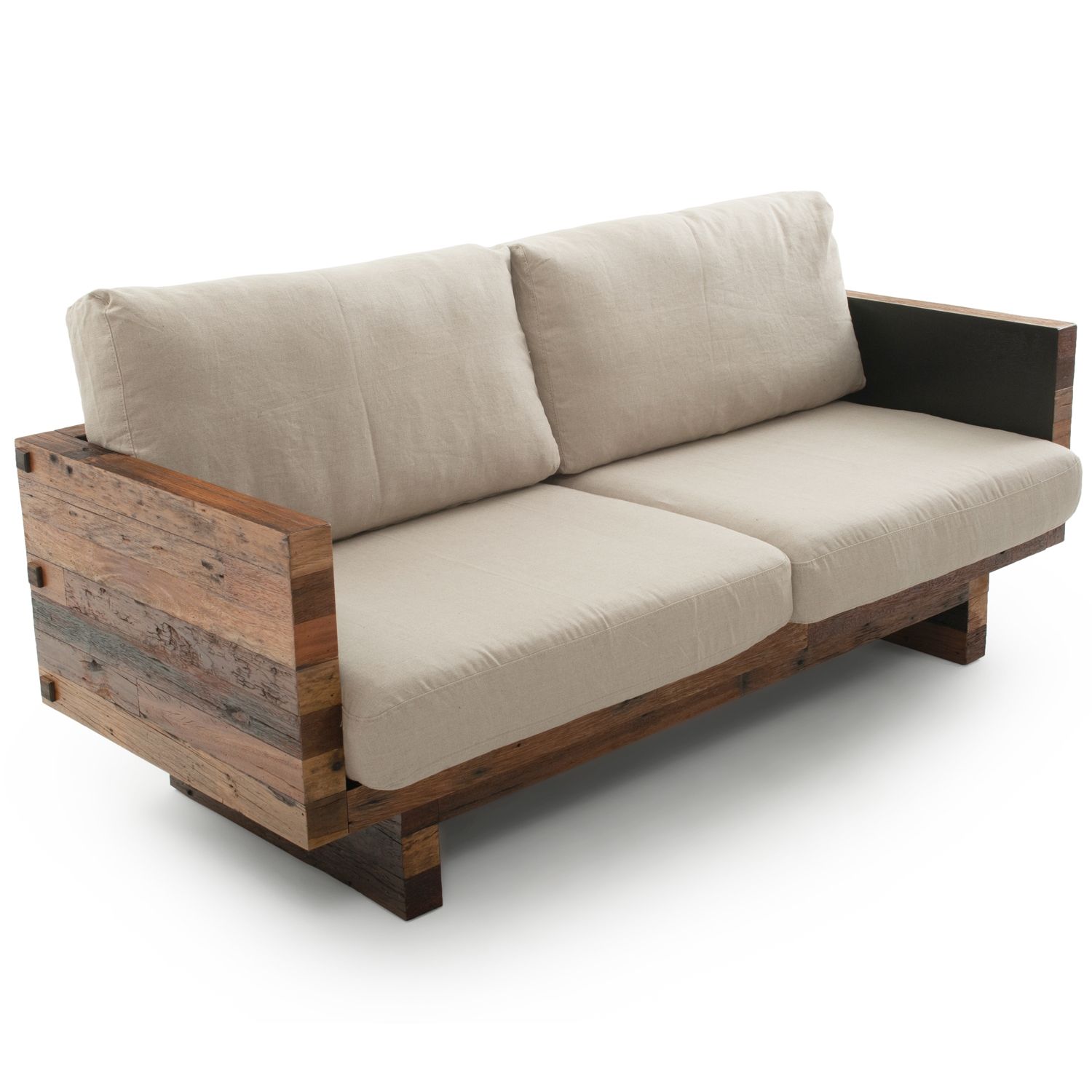 Rustic Reclaimed Wood Cushioned Sofa