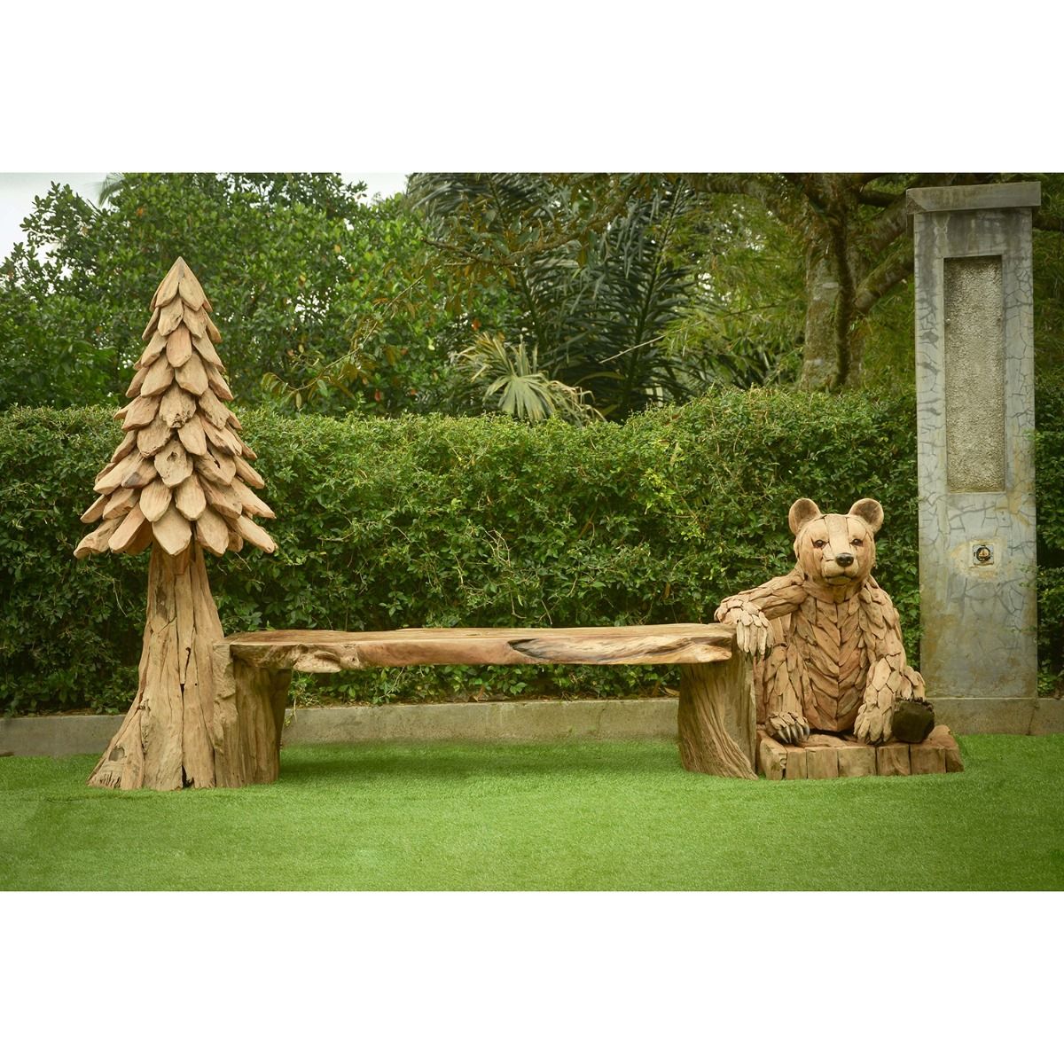 Rustic Driftwood Resting Bear Bench