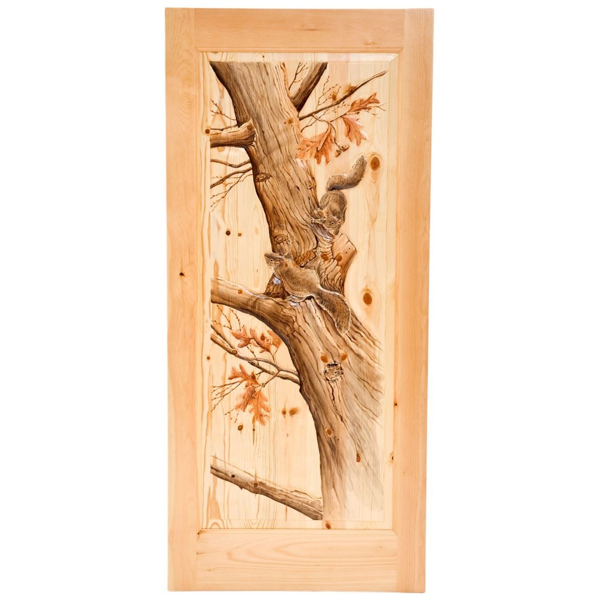 Rustic Hand Carved & Painted Squirrel Chase Single Panel Interior Door