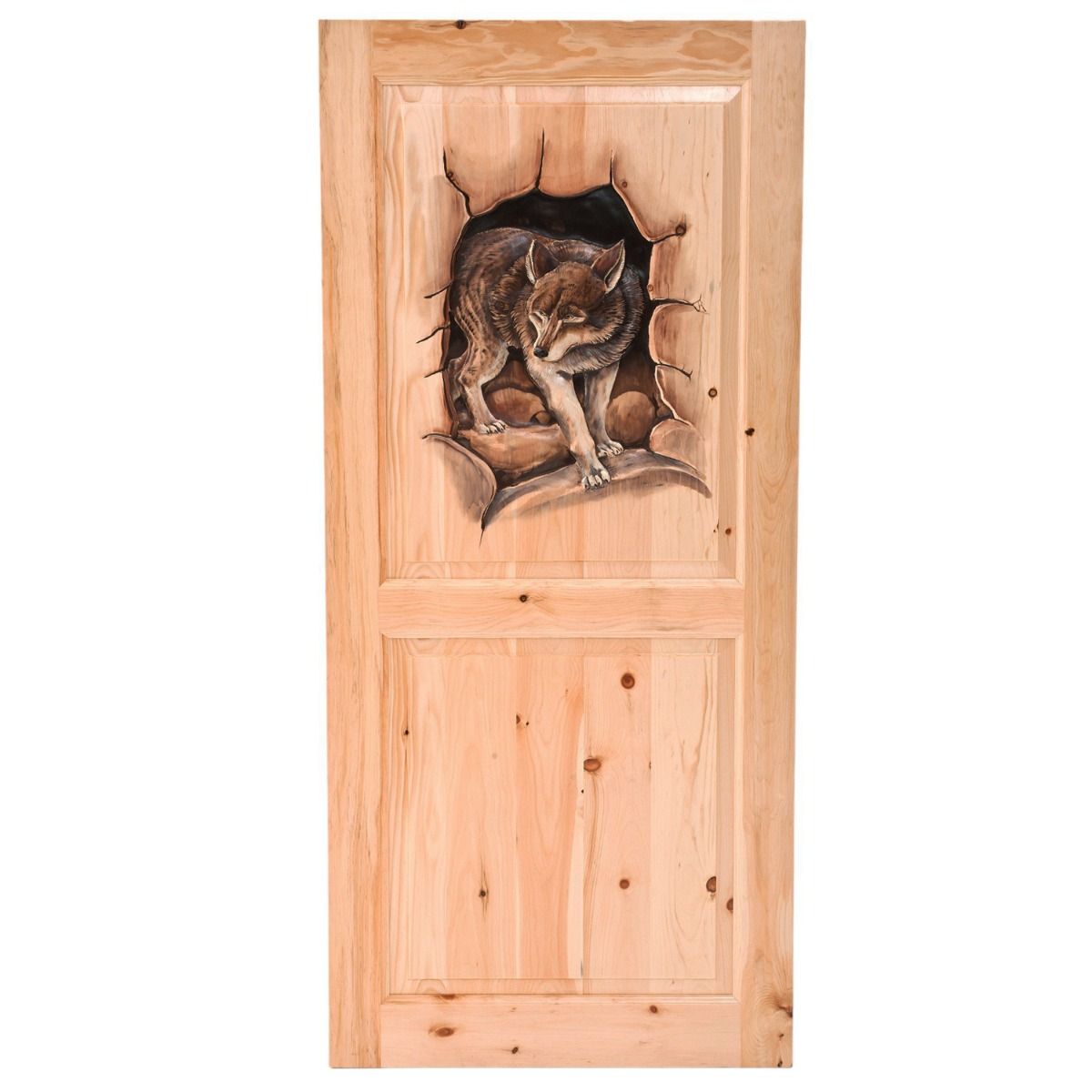 Rustic Hand Carved & Painted Wolf Den Double Panel Interior Door