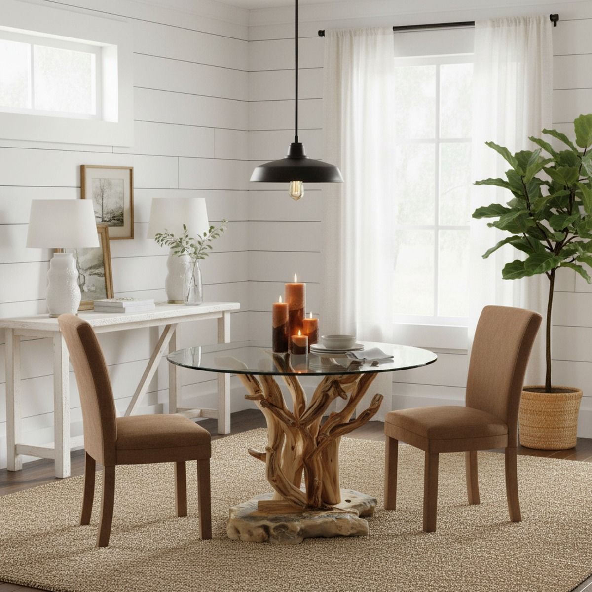 Round Log Dining Table with Glass Top